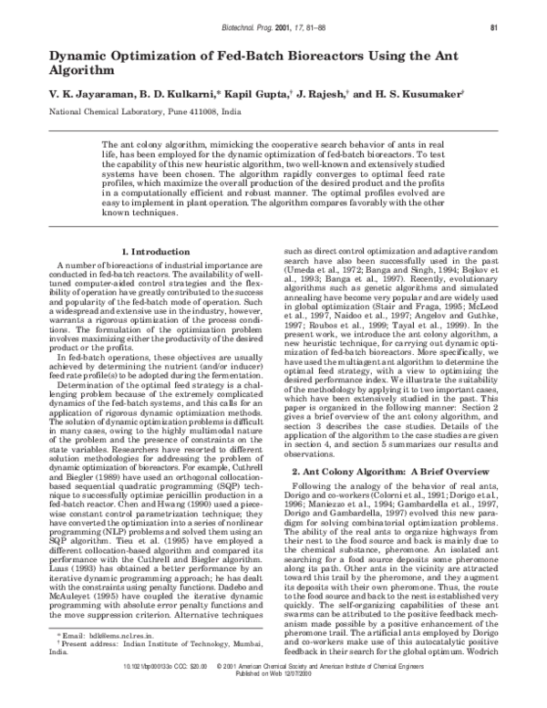 Pdf Dynamic Optimization Of Fed Batch Bioreactors Using The Ant Algorithm