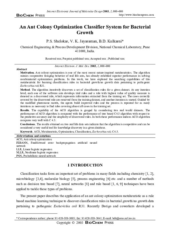(PDF) An Ant Colony Optimization Classifier System for Bacterial Growth | Prakash Shelokar ...