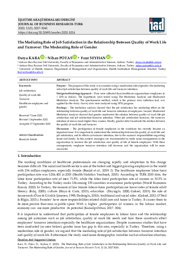 Pdf The Mediating Role Of Job Satisfaction In The Relationship Between Quality Of Work Life