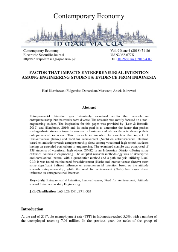 (PDF) Factor that impacts entrepreneurial intention among engineering students: evidence from ...