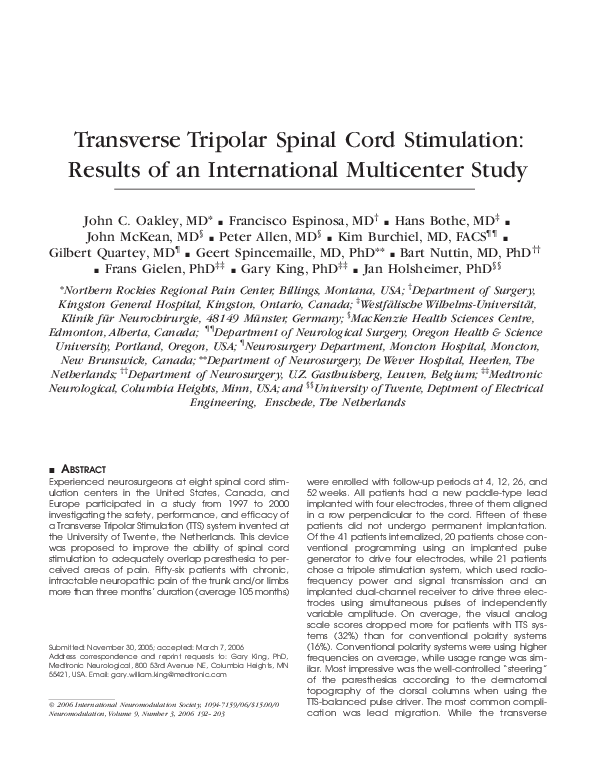 (PDF) Transverse Tripolar Spinal Cord Stimulation: Results of an International Multicenter Study ...