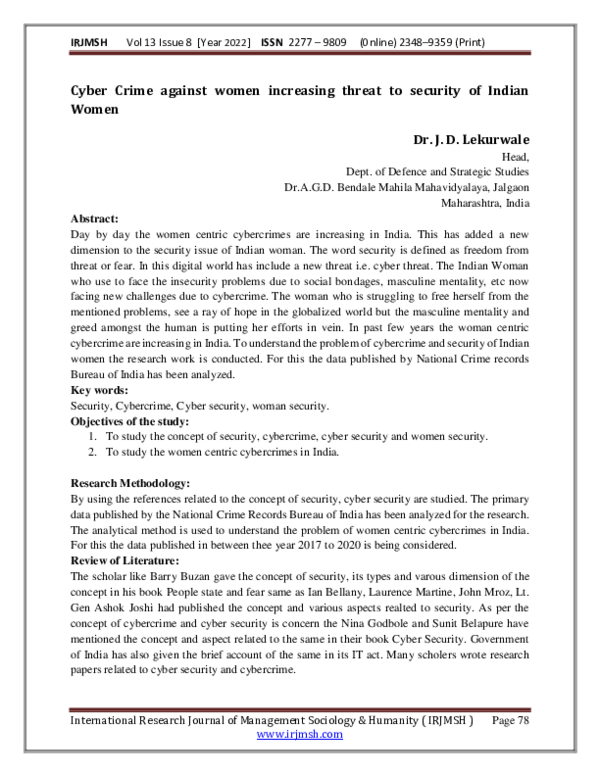 (PDF) Cyber Crime against women increasing threat to security of Indian ...