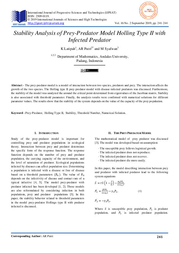 (PDF) Stability Analysis of Prey-Predator Model Holling Type II with Infected Predator