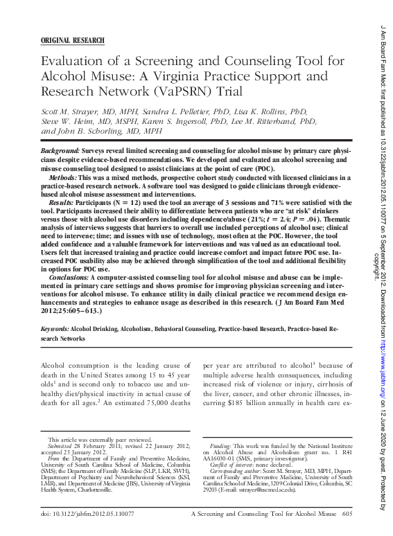 (PDF) Evaluation of a Screening and Counseling Tool for Alcohol Misuse ...