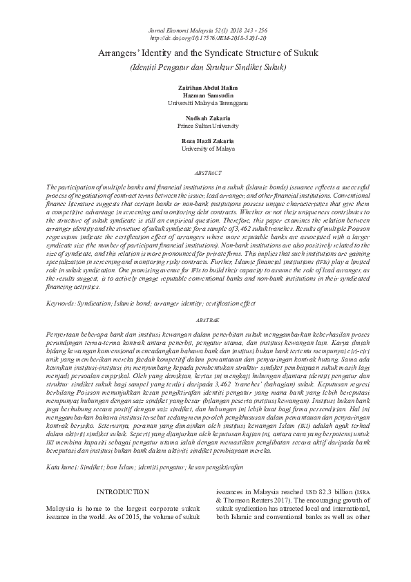 (PDF) Arrangers’ Identity and the Syndicate Structure of Sukuk