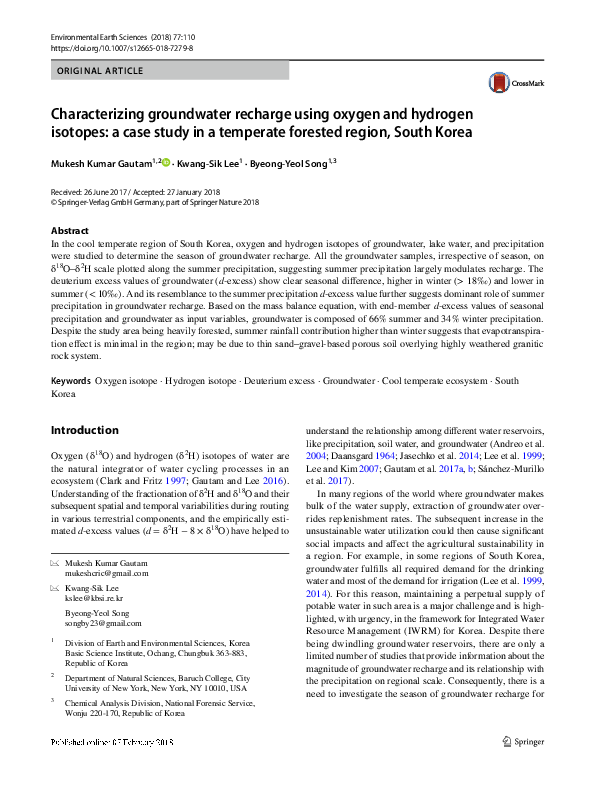 (PDF) Characterizing groundwater recharge using oxygen and hydrogen isotopes: a case study in a ...
