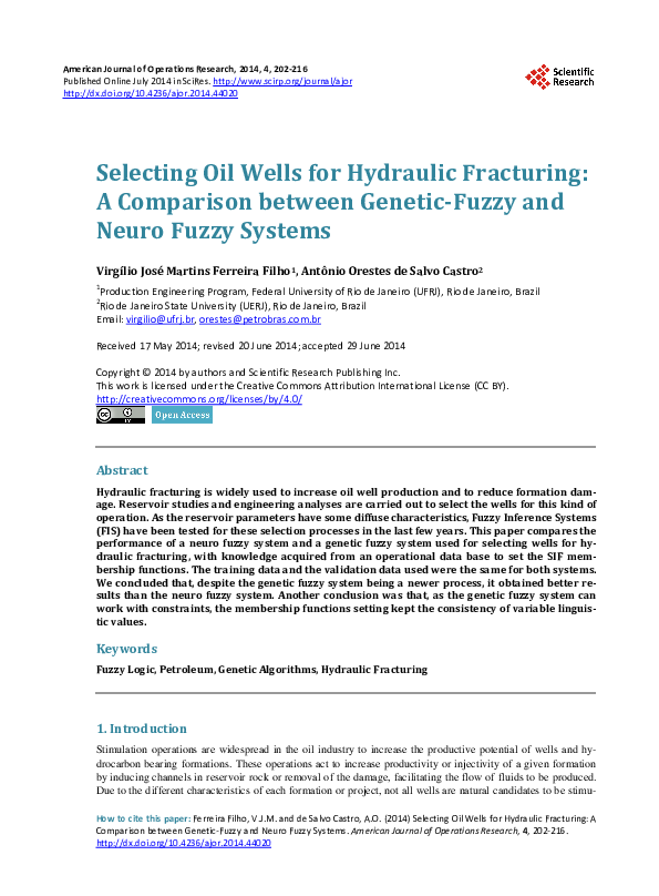 (PDF) Selecting Oil Wells for Hydraulic Fracturing: A Comparison between Genetic-Fuzzy and Neuro ...