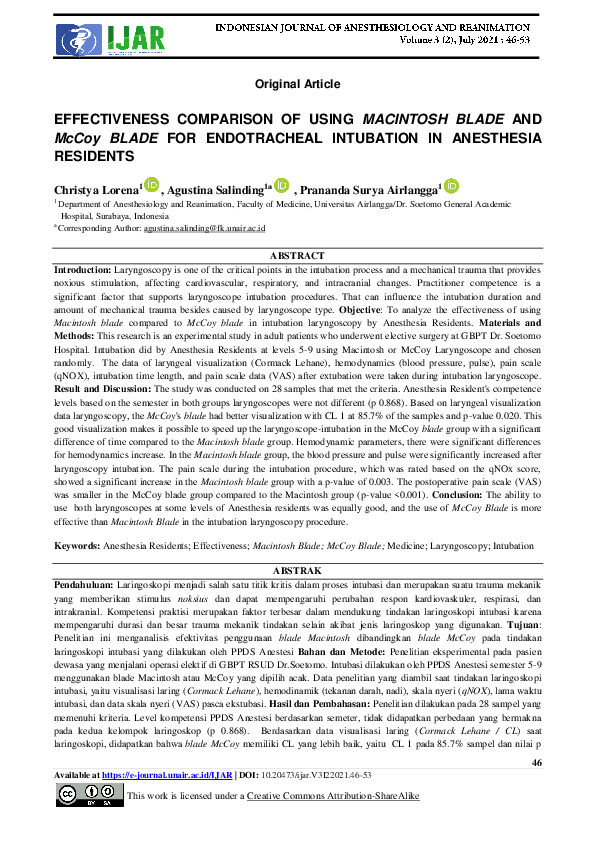 (PDF) Effectiveness Comparison of Using Macintosh Blade and Mccoy Blade ...