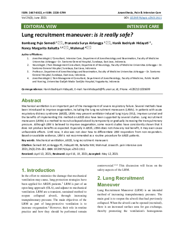 (PDF) Lung recruitment maneuver: is it really safe?