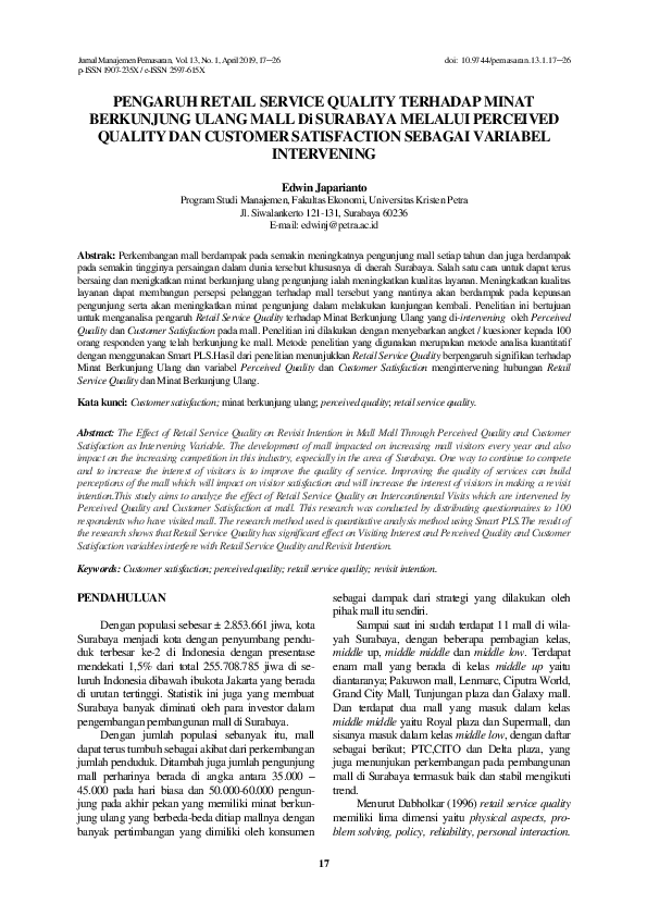(PDF) PENGARUH RETAIL SERVICE QUALITY TERHADAP MINAT BERKUNJUNG ULANG MALL Di SURABAYA MELALUI ...