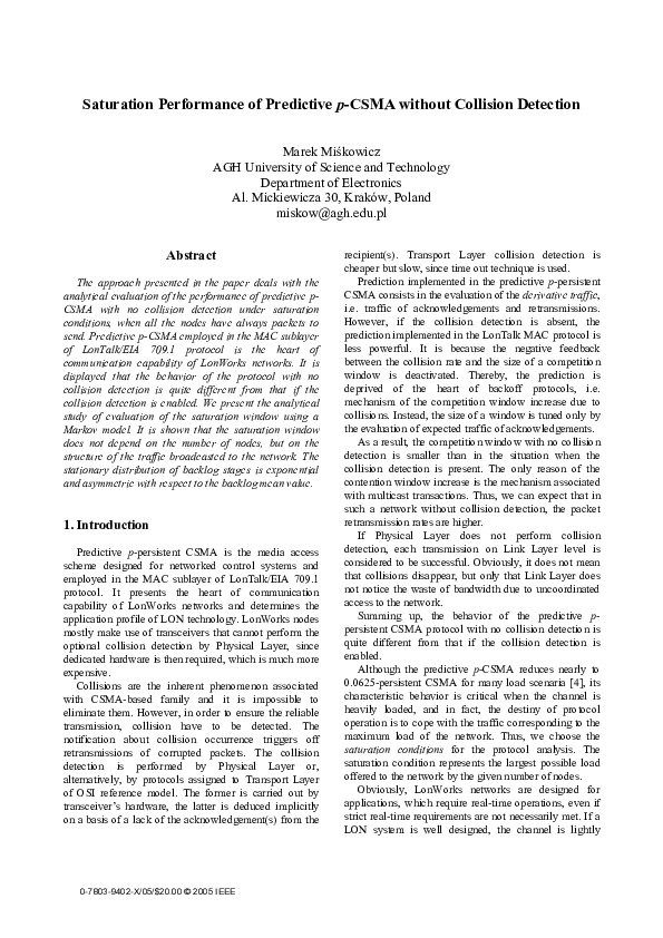 (PDF) Saturation Performance of Predictive p-CSMA without Collision Detection