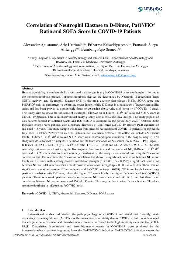 (PDF) Correlation of Neutrophil Elastase to D-Dimer, Pao2/Fio2 Ratio ...