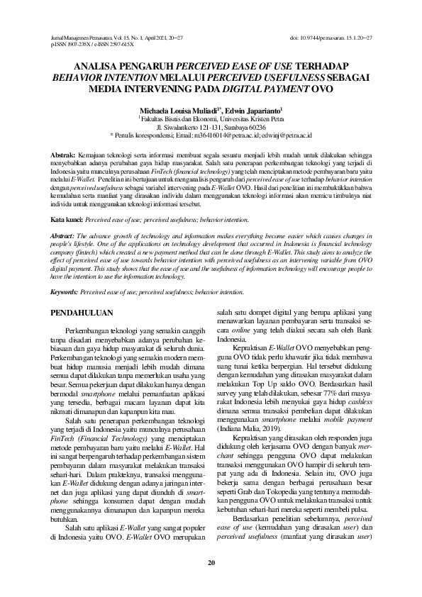 (PDF) Analisa Pengaruh Perceived Ease of Use Terhadap Behavior Intention Melalui Perceived ...