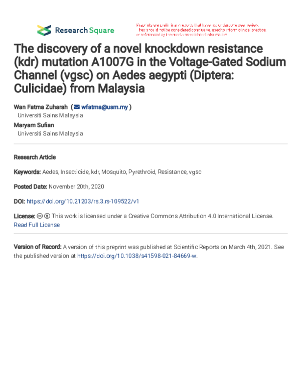 (PDF) The discovery of a novel knockdown resistance (kdr) mutation A1007G in the Voltage-Gated ...