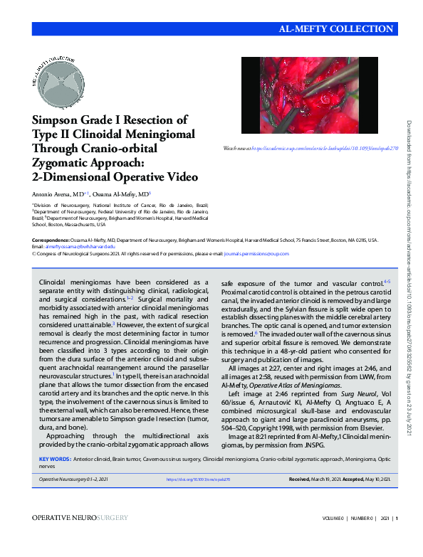 (PDF) Simpson Grade I Resection of Type II Clinoidal Meningioma Through ...