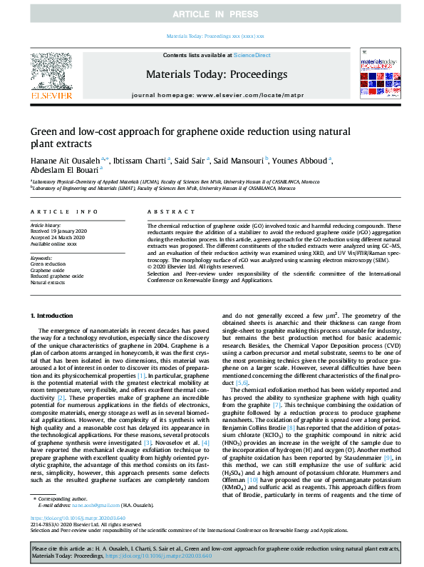 (PDF) Green and low-cost approach for graphene oxide reduction using natural plant extracts