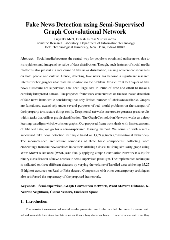 (PDF) Fake News Detection using Semi-Supervised Graph Convolutional Network