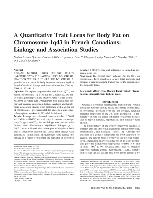(PDF) QTL Mapping for Adiposity on 1q43 in Quebec