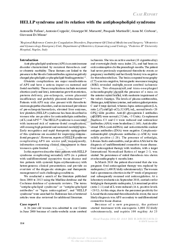 (PDF) HELLP syndrome and its relation with the antiphospholipid syndrome
