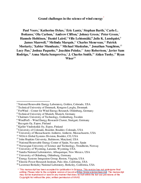 (PDF) Grand challenges in the science of wind energy