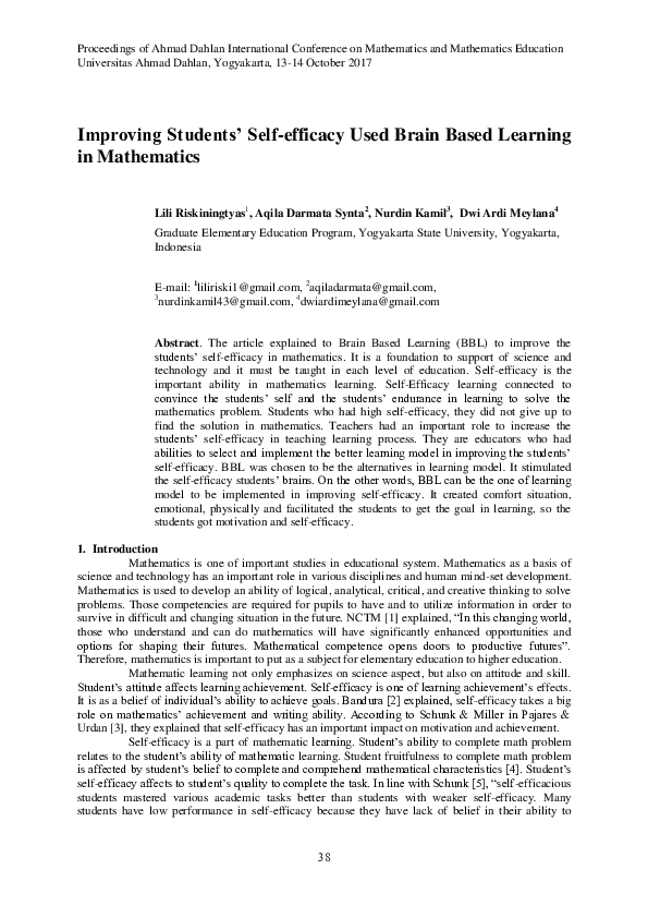 (PDF) Improving Students’ Self-efficacy Used Brain Based Learning in Mathematics
