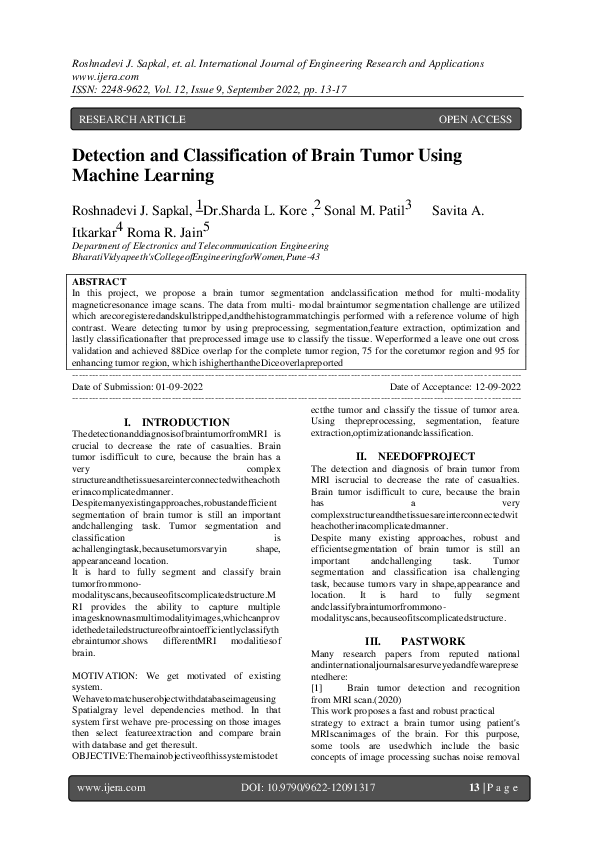 Pdf Detection And Classification Of Brain Tumor Using Machine Learning