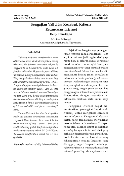 (PDF) Pengujian Validitas Konstruk Kriteria Kecanduan Internet
