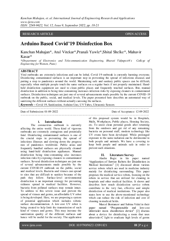 (PDF) Arduino Based Covid'19 Disinfection Box