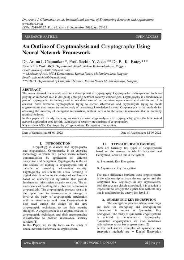 Pdf An Outline Of Cryptanalysis And Cryptography Using Neural Network Framework