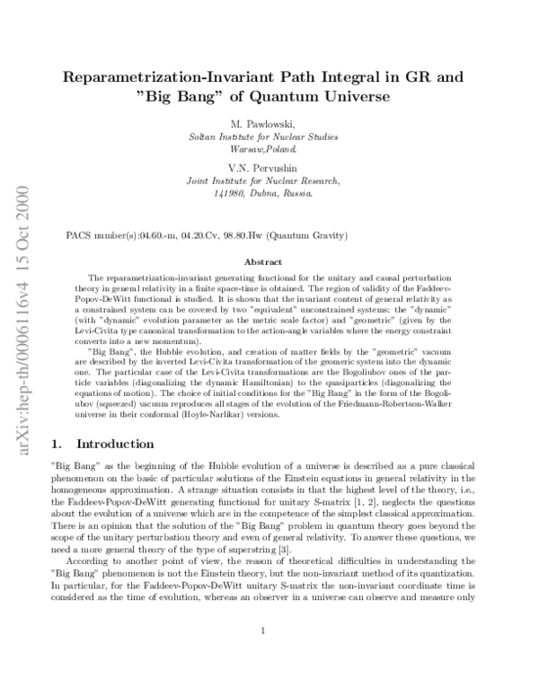 (PDF) Reparametrization-Invariant Path Integral in GR and "Big Bang" of Quantum Universe
