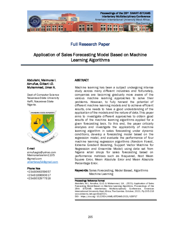 Pdf Application Of Sales Forecasting Model Based On Machine Learning