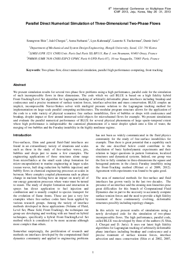 Pdf Parallel Direct Numerical Simulation Of Three Dimensional Two Phase Flows