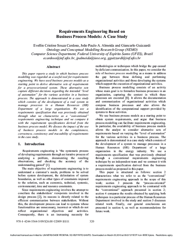 (PDF) Requirements engineering based on business process models: A case study