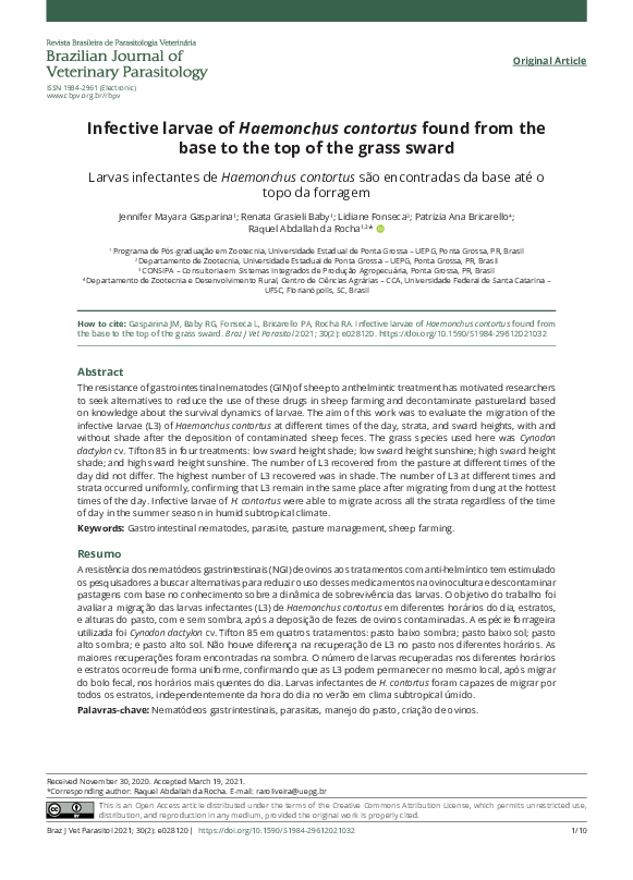 (PDF) Infective larvae of Haemonchus contortus found from the base to ...