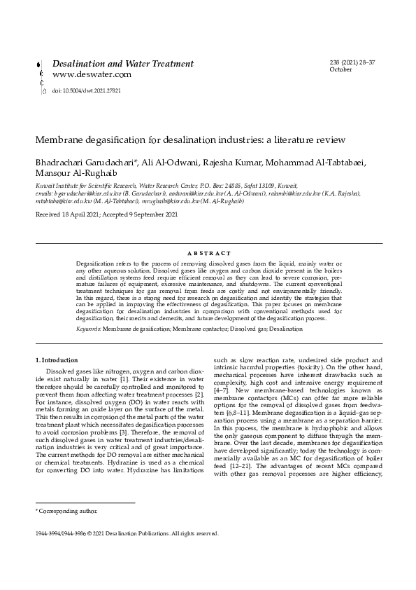 (PDF) Membrane degasification for desalination industries: a literature review