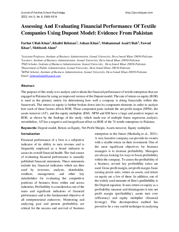 (PDF) Assessing And Evaluating Financial Performance Of Textile Companies Using Dupont Model ...
