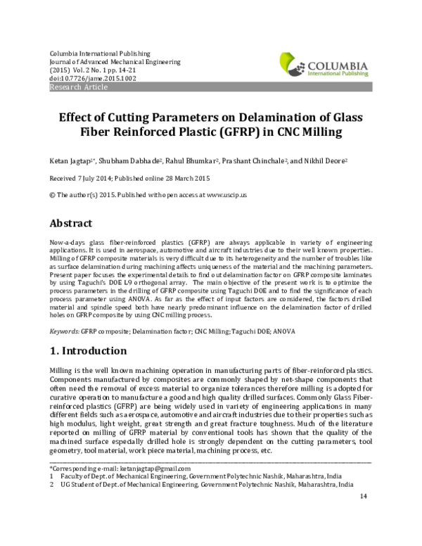 (PDF) Effect of Cutting Parameters on Delamination of Glass Fiber Reinforced Plastic (GFRP) in ...