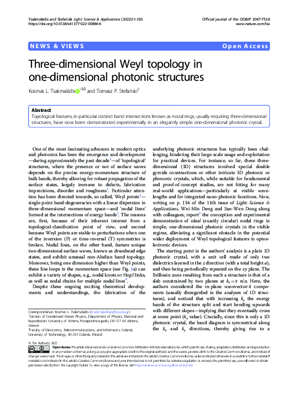 Pdf Three Dimensional Weyl Topology In One Dimensional Photonic Structures