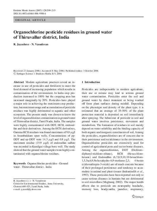 (PDF) Organochlorine pesticide residues in ground water of Thiruvallur district, India | R ...
