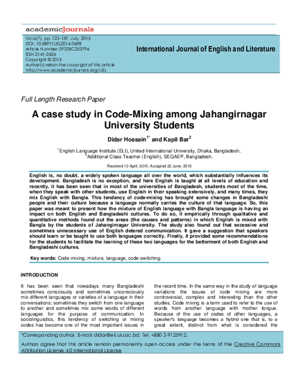 (PDF) A case study in Code-Mixing among Jahangirnagar University Students