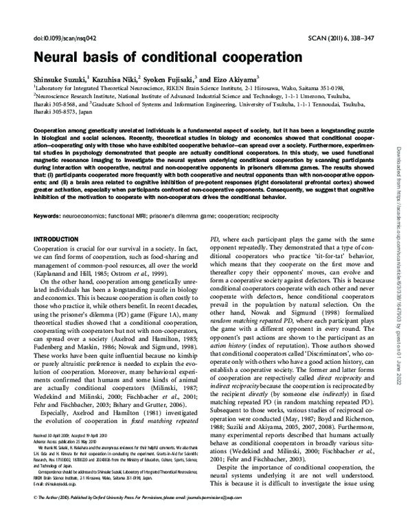 (PDF) Neural basis of conditional cooperation
