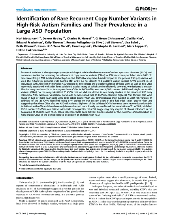 Pdf Identification Of Rare Recurrent Copy Number Variants In High Risk Autism Families And