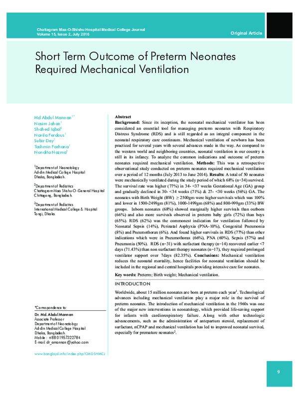 (PDF) Short Term Outcome of Preterm Neonates Required Mechanical ...