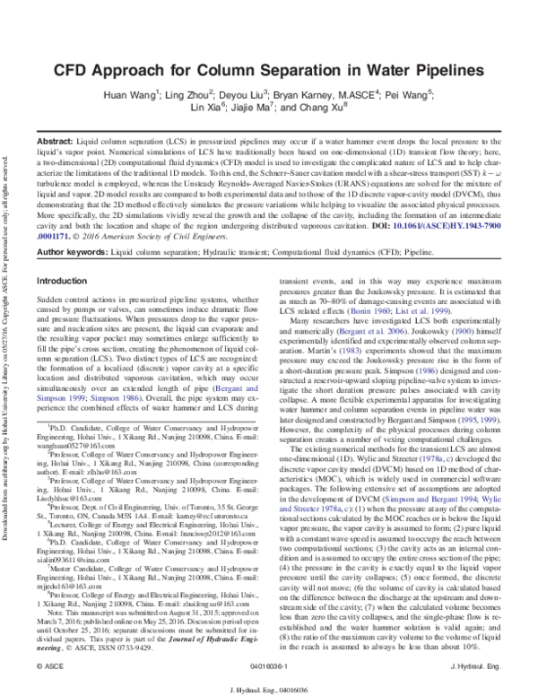 (PDF) CFD Approach for Column Separation in Water Pipelines