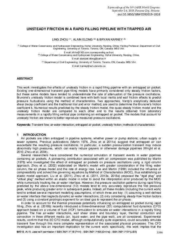 (PDF) Unsteady Friction in a Rapid Filling Pipeline with Trapped Air