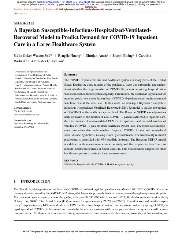 (PDF) A Bayesian Susceptible-Infectious-Hospitalized-Ventilated ...