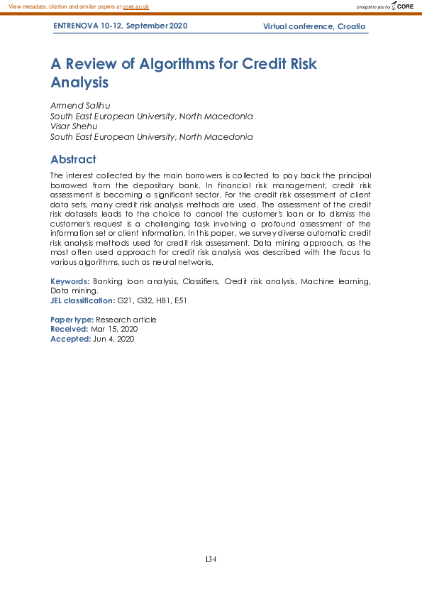 (PDF) A Review of Algorithms for Credit Risk Analysis