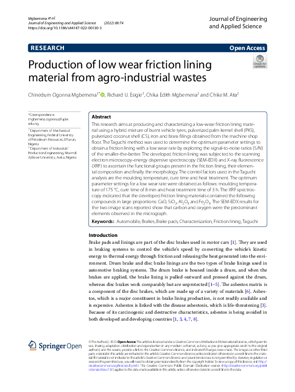 (PDF) Production of low wear friction lining material from agro ...
