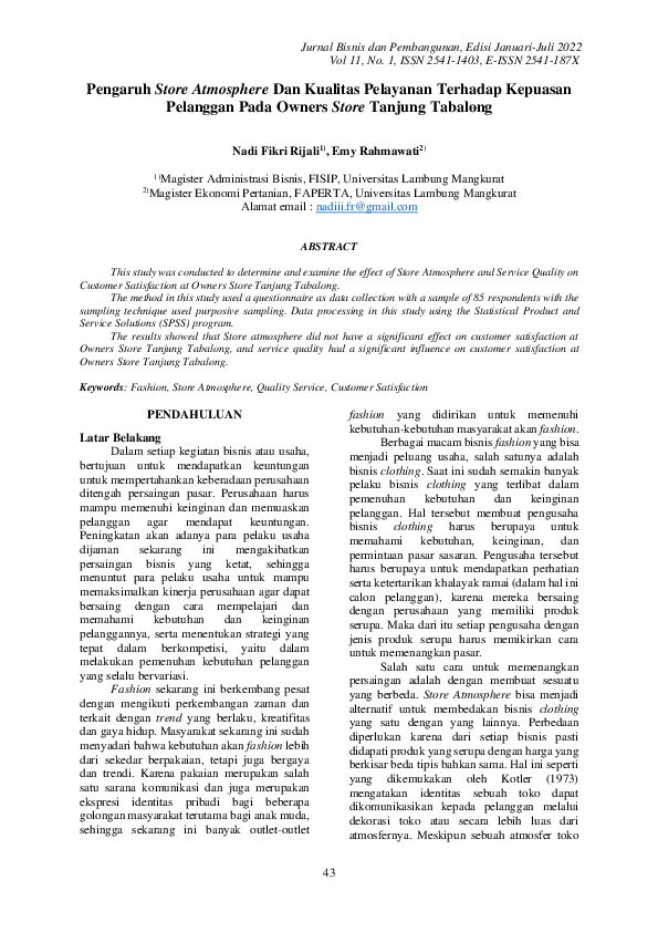 (PDF) Pengaruh Store Atmosphere Dan Kualitas Pelayanan Terhadap Kepuasan Pelanggan Pada Owners ...