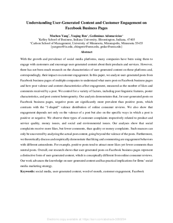 (PDF) Understanding User-Generated Content and Customer Engagement on Facebook Business Pages